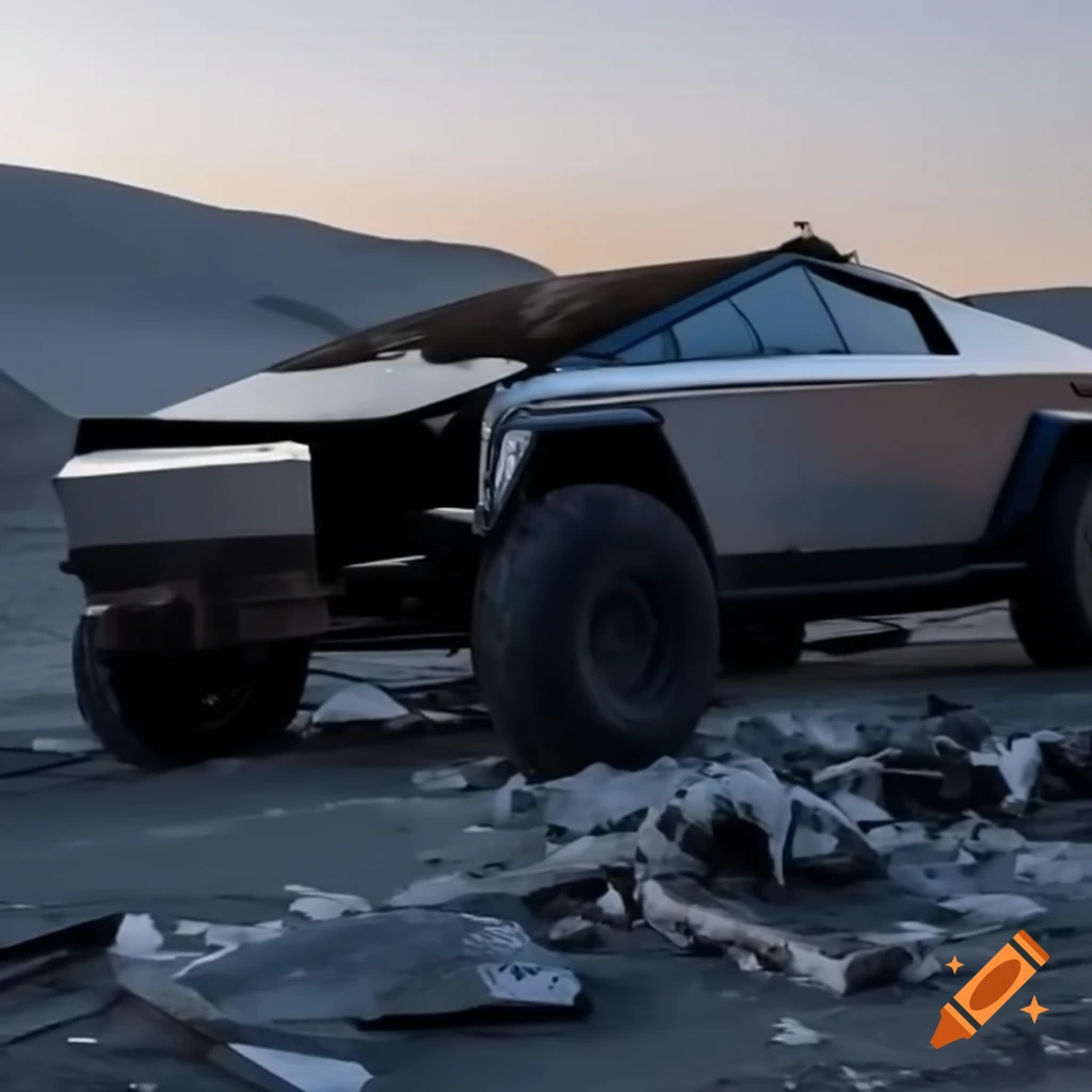 Damaged tesla cybertruck in a destroyed state on Craiyon