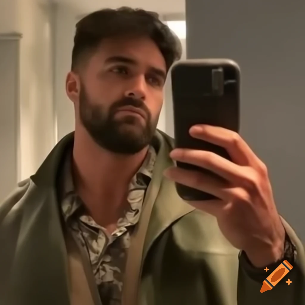 Brawny frat man taking mirror selfie with an attractive and intimidating expression on Craiyon