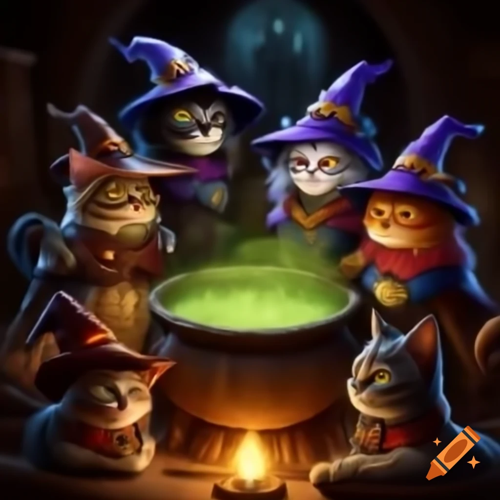 Magical cats in wizard hats around bubbling cauldron in dungeon on Craiyon