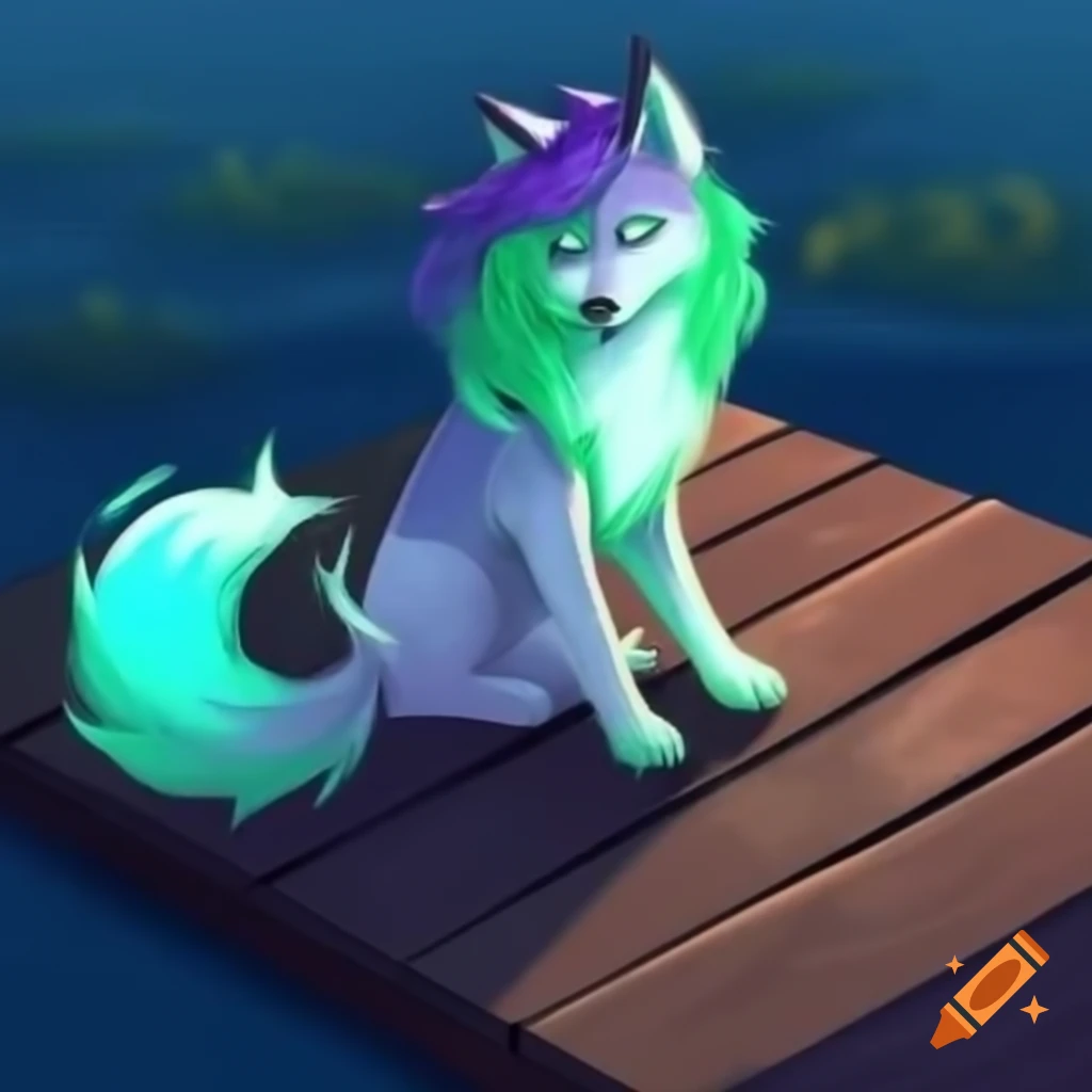 Charming wolf with green and purple hair sitting on weathered dock on Craiyon