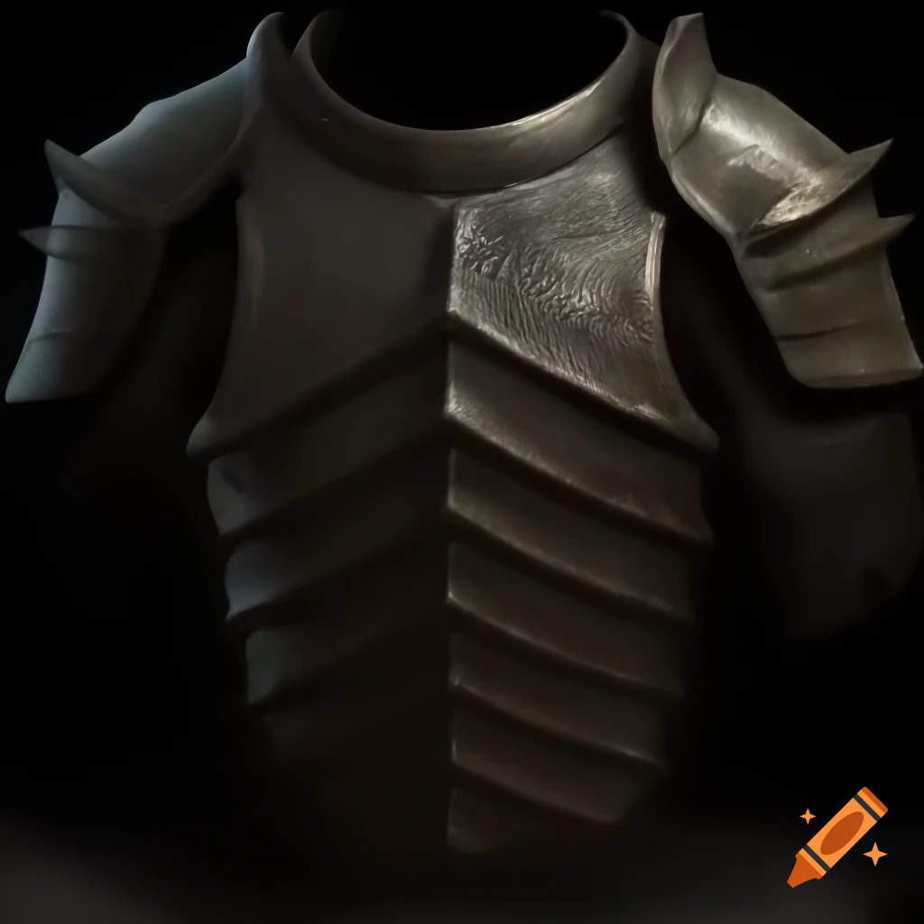 Worn battle-scarred chestplate made of darkened steel with glowing ...