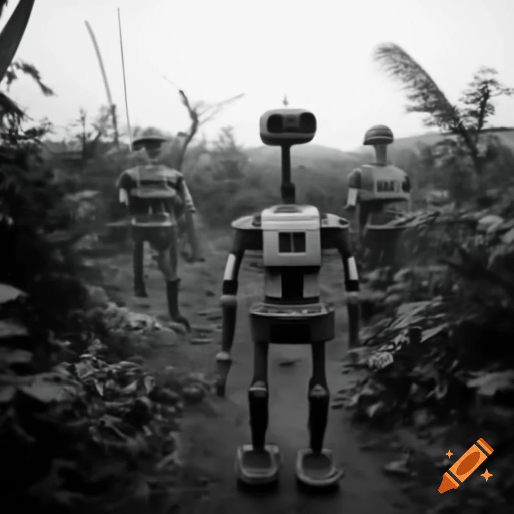 Robots in vietnam war jungle during 1960s on Craiyon