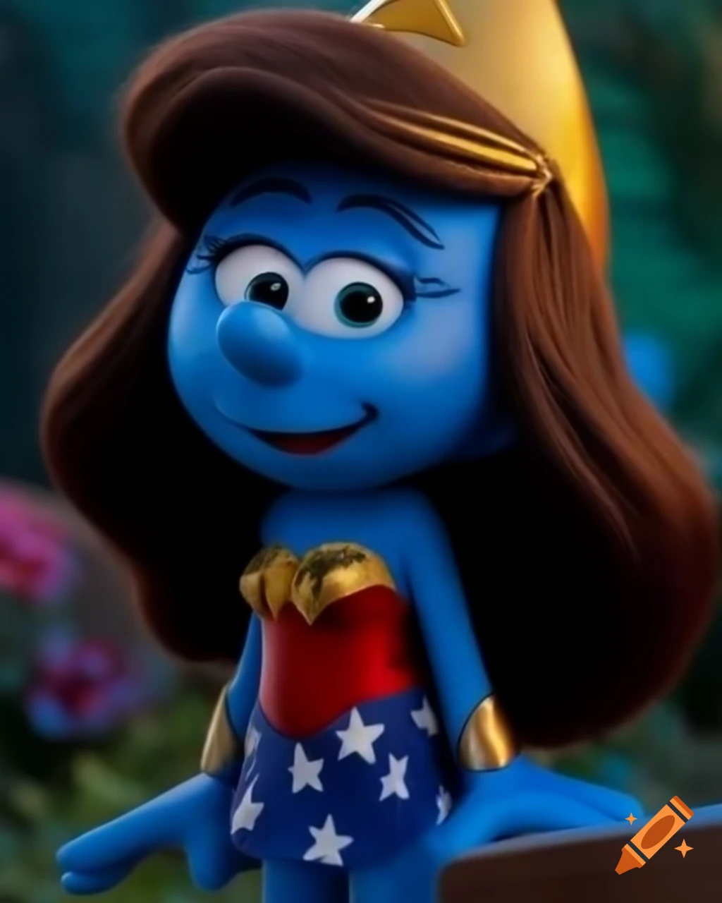Smurfette with dark brown hair in wonder woman dress on Craiyon
