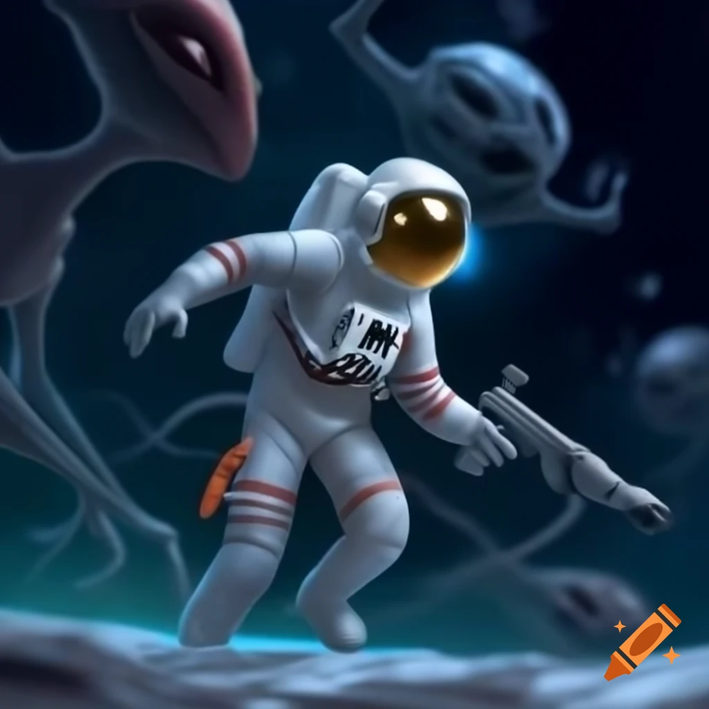 Astronaut aiming gun at aliens in space on Craiyon