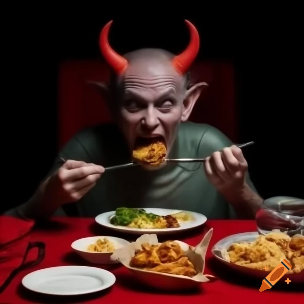 Devil dining in a heavenly setting, aspect ratio 9:16 on Craiyon