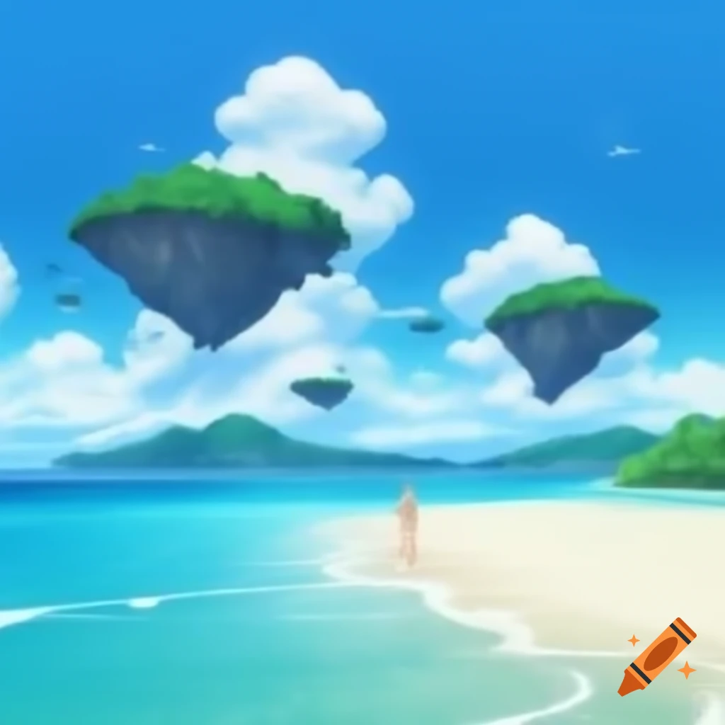 Anime beach scene featuring floating islands above ocean on Craiyon