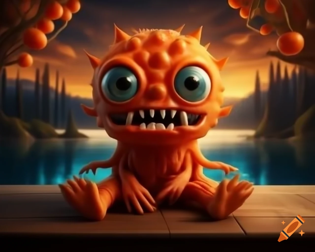 3d orange tree monster with human face on wooden table in forest on Craiyon