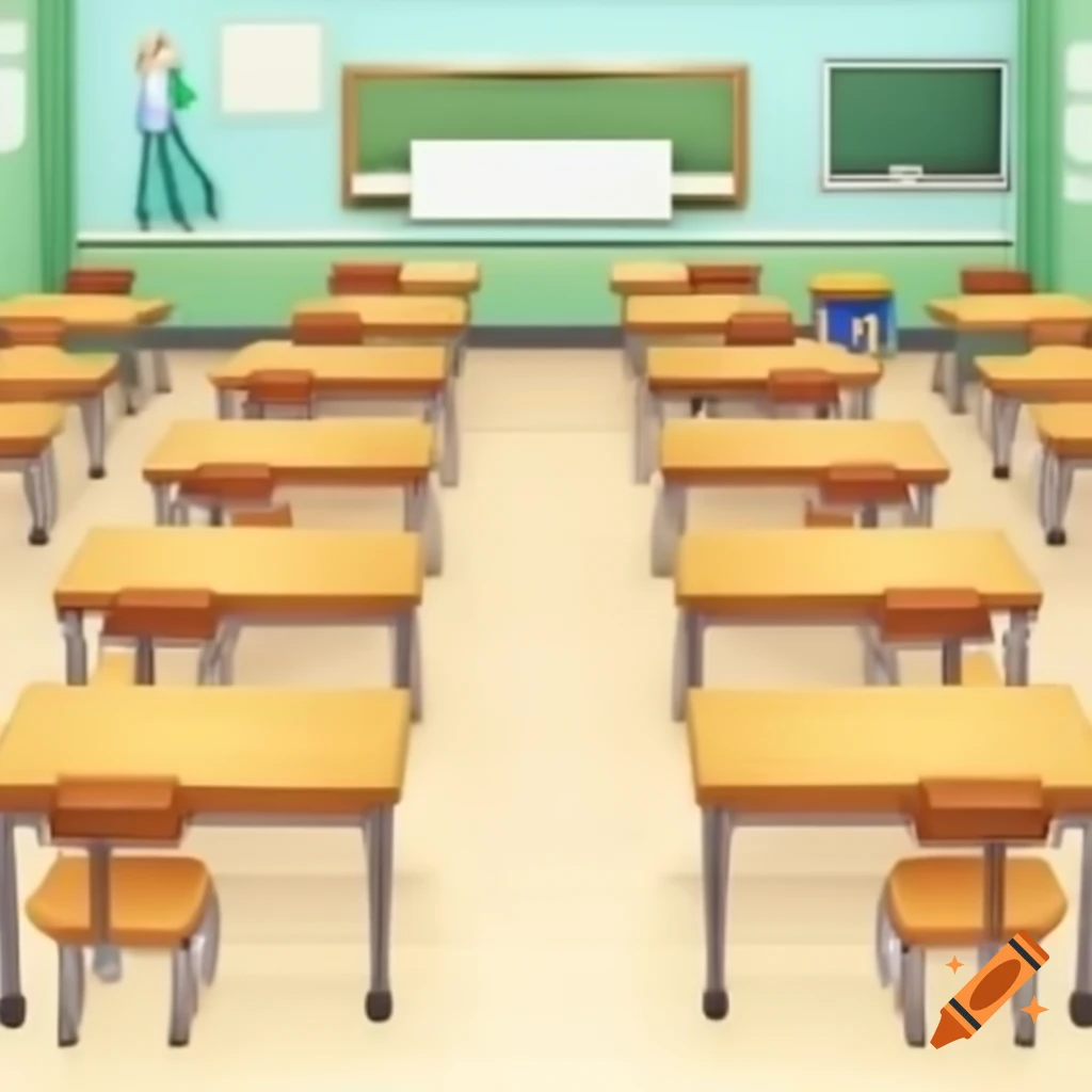 Cartoon classroom layout with rows of desks, teacher walking, and ...