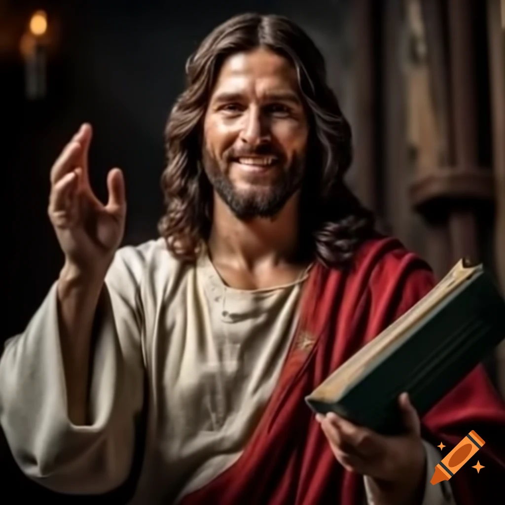 Realistic depiction of Jesus Christ smiling and holding the Bible on Craiyon