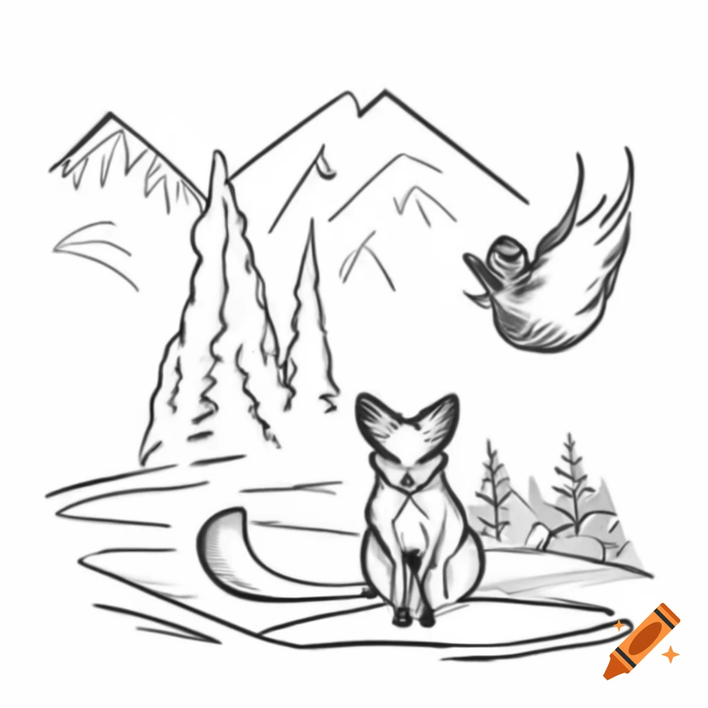 Sketch of a fox and bird beside a tree with mountains in the background ...