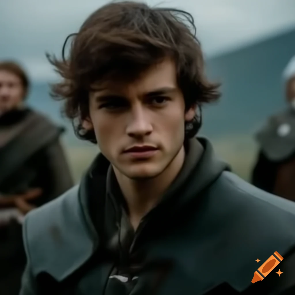 Confident young man in medieval landscape with tousled brown hair on ...