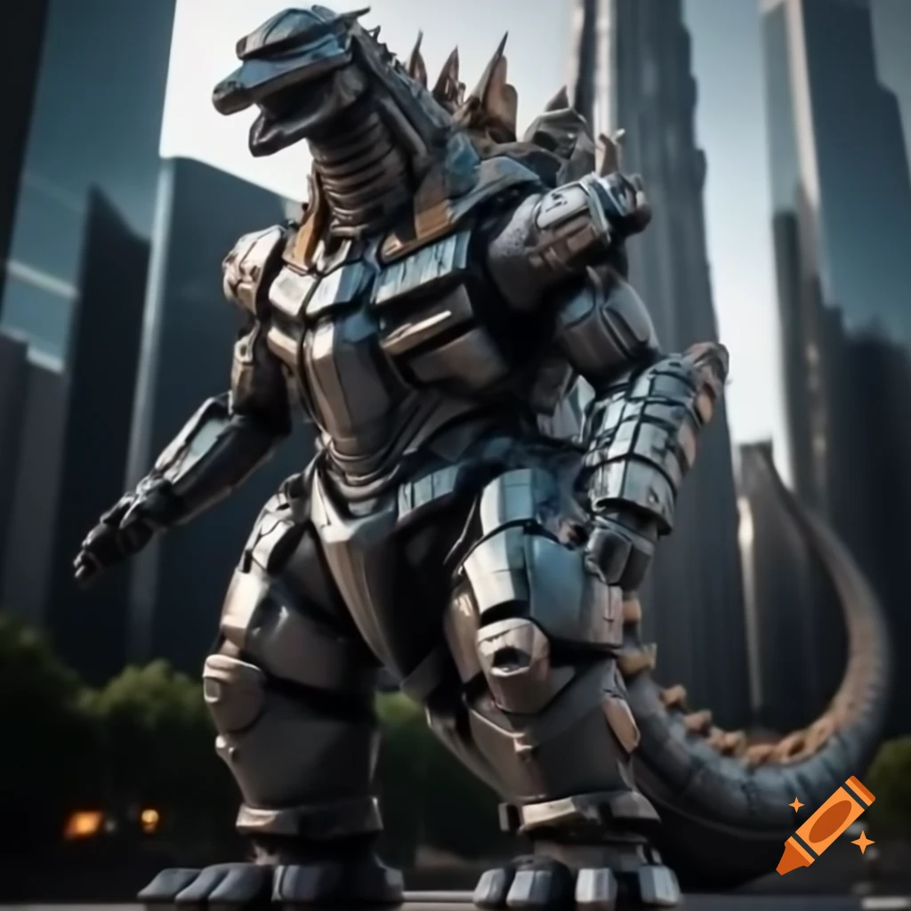 Mechanical kaiju resembling Mechagodzilla towering over city with ...