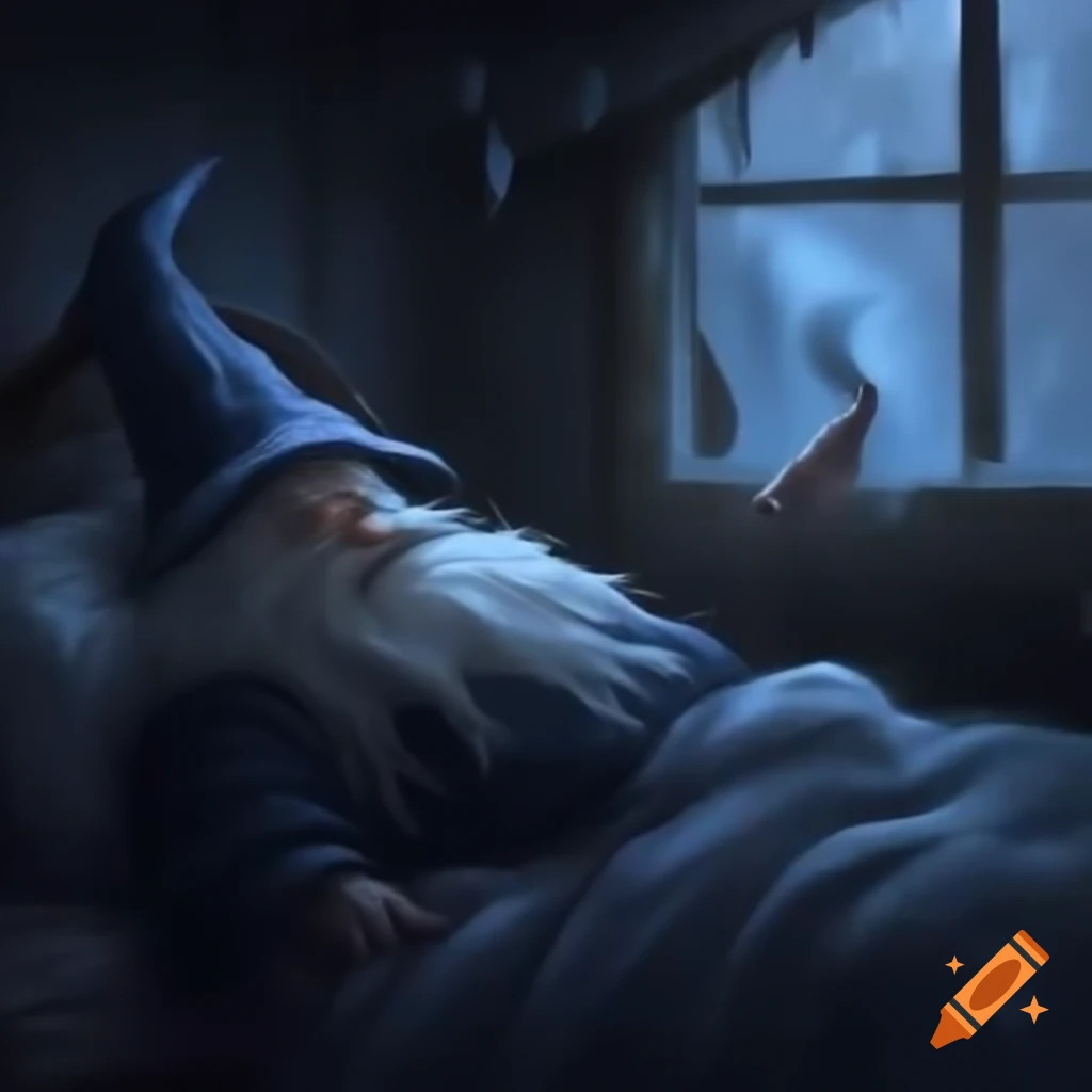 Wizard in bed during winter, gazing at rainy window on Craiyon