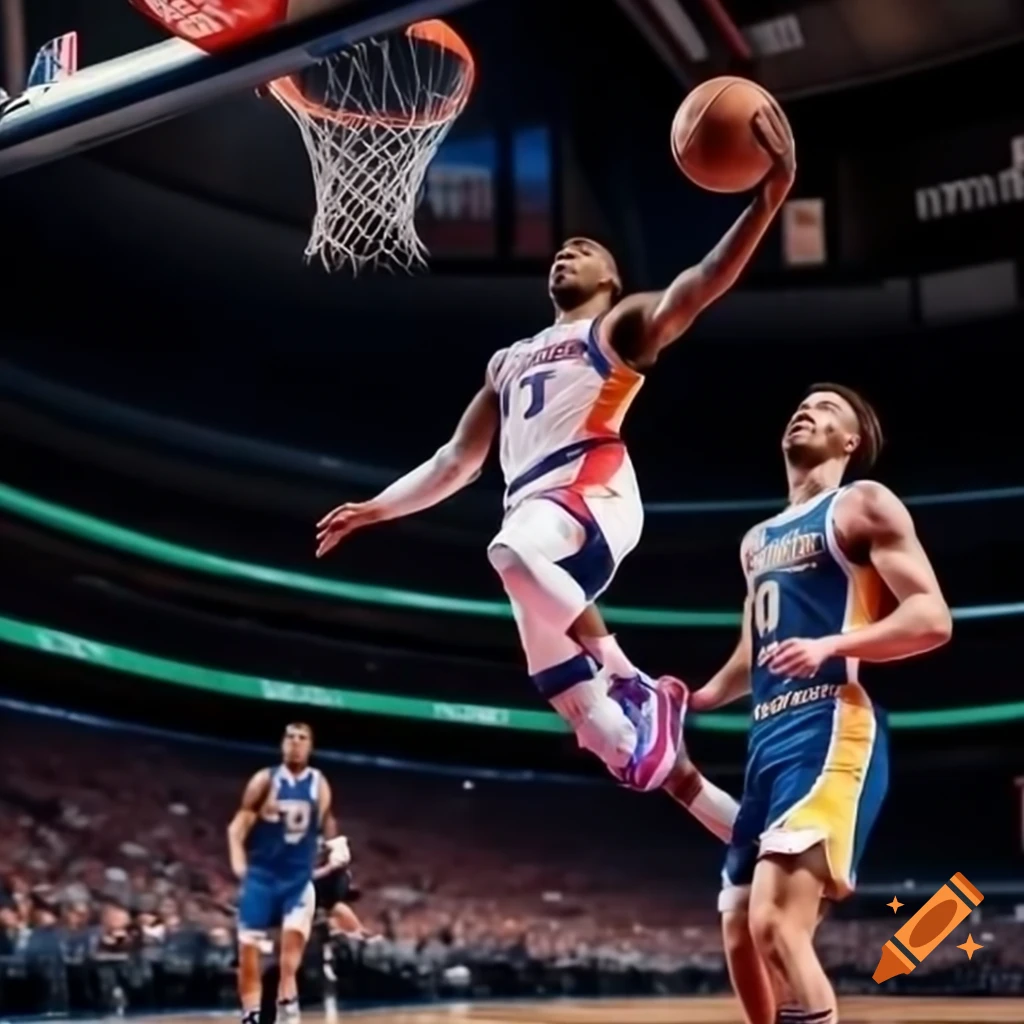 NBA player performing a slam dunk over opponent in realistic ...