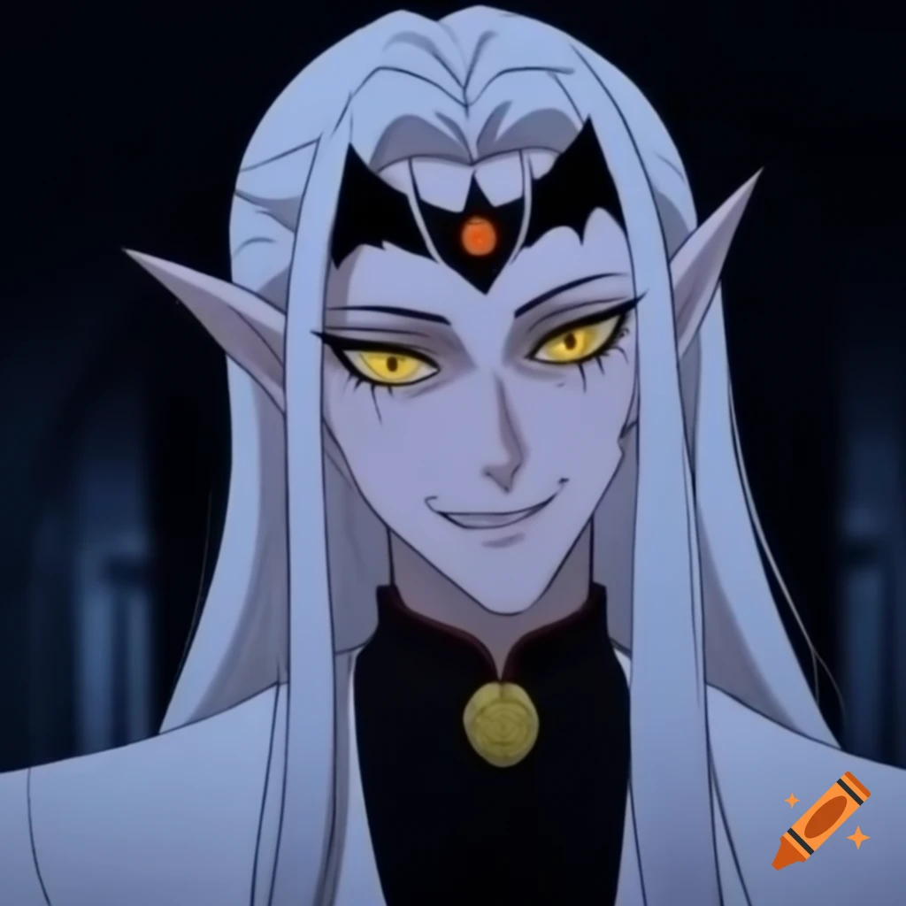 Vampire prince with white hair and crown, wearing white suit and evil ...