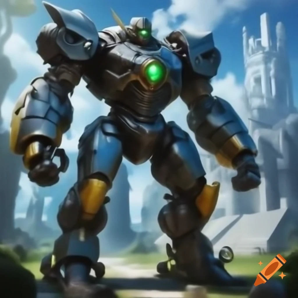 Giant black robot cyclops with colorful limbs in front of a crystal ...