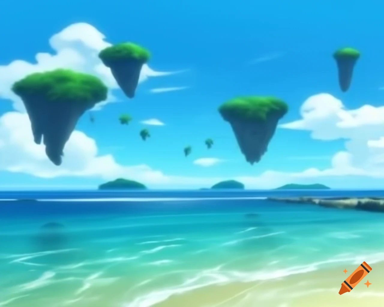 Anime beach scene featuring floating islands above ocean on Craiyon