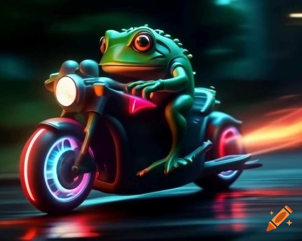 Anthropomorphic frog in cyberpunk suit riding glowing motorbike at high ...