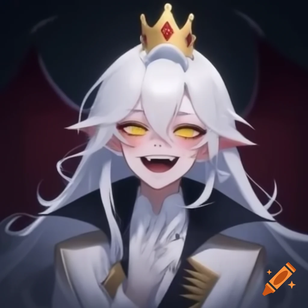 Young vampire prince in white suit and crown with yellow eyes laughing ...