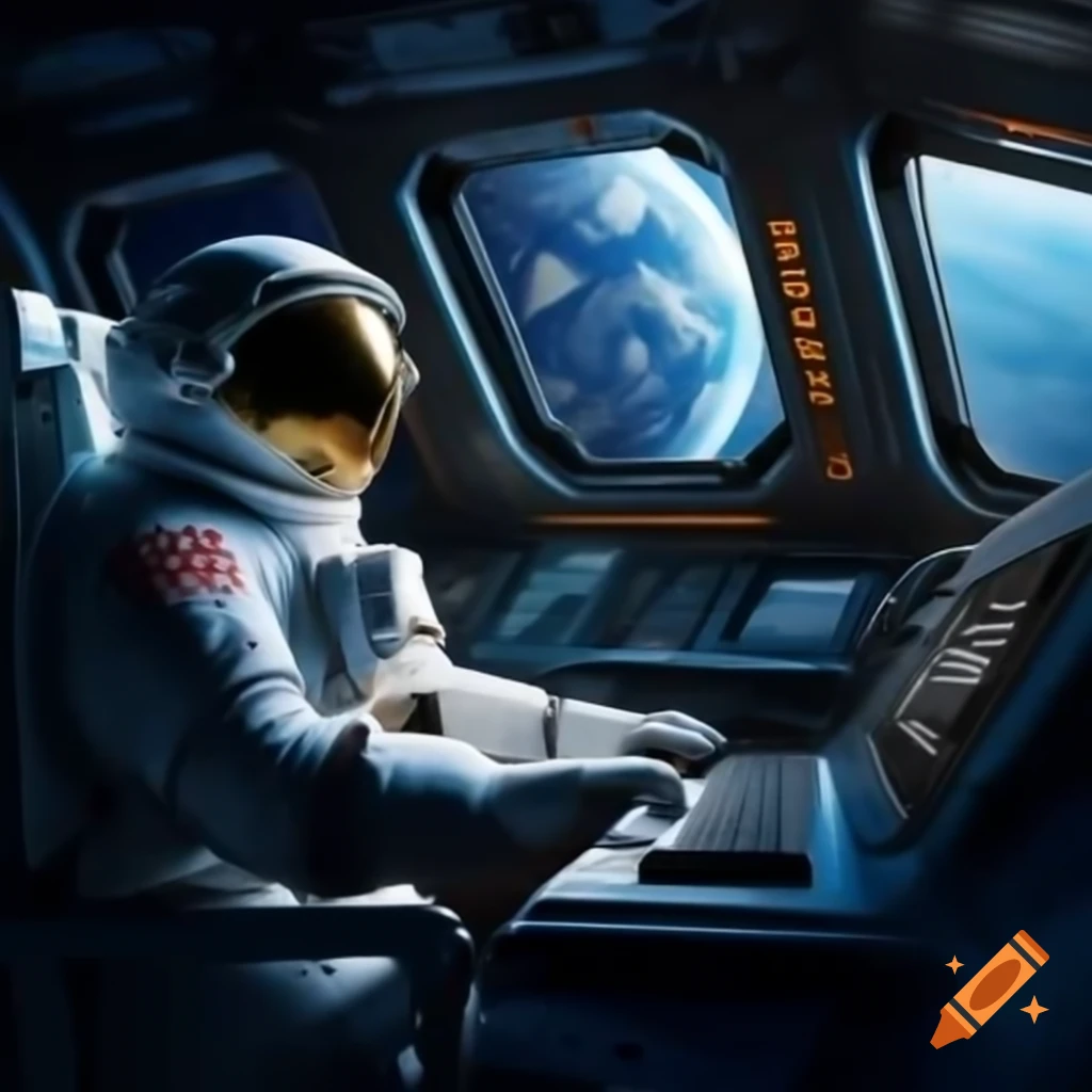 Astronaut playing keyboards in spaceship with view of stars and Earth ...