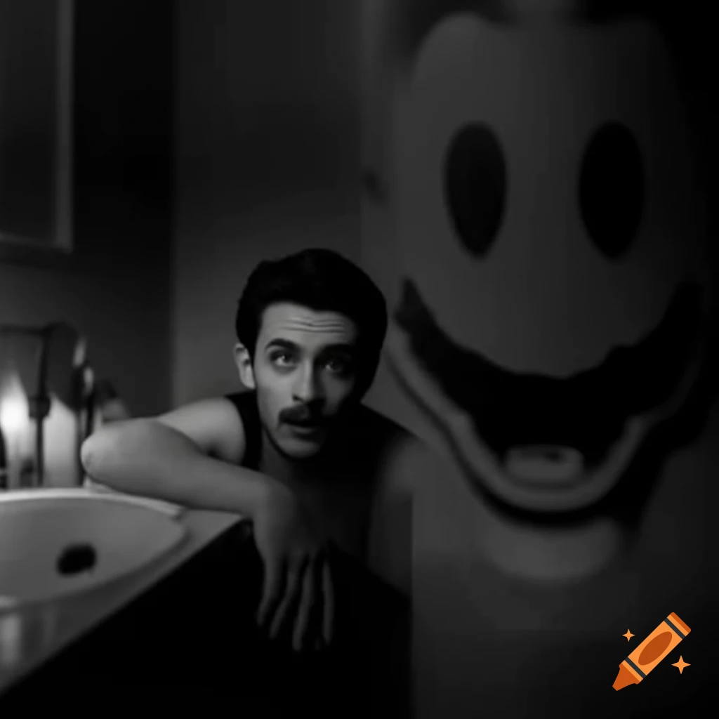 Grinning character in dimly lit bathroom with eerie ambiance on Craiyon