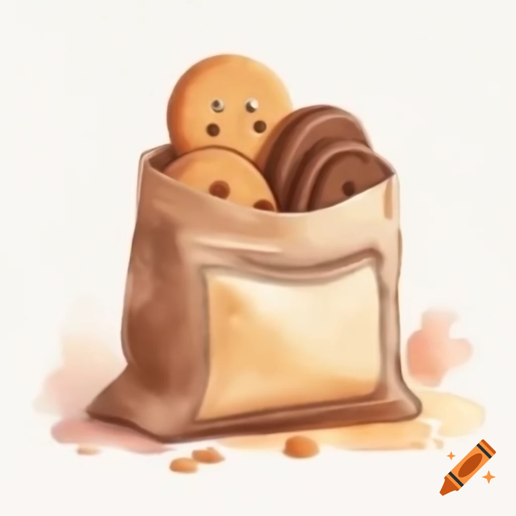 Cartoon bag of cookies on white background, watercolor style on Craiyon