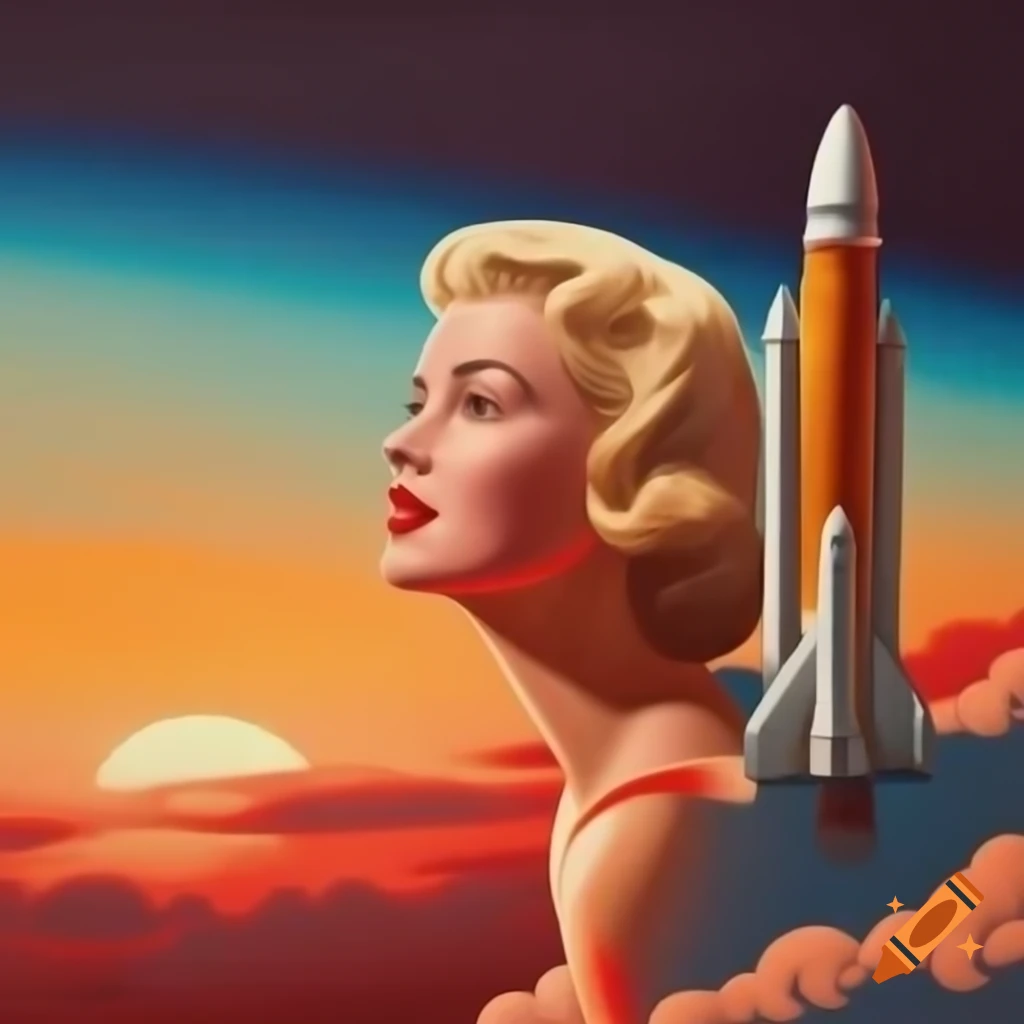 1950s retro propaganda poster promoting space exploration featuring woman and rocket on Craiyon