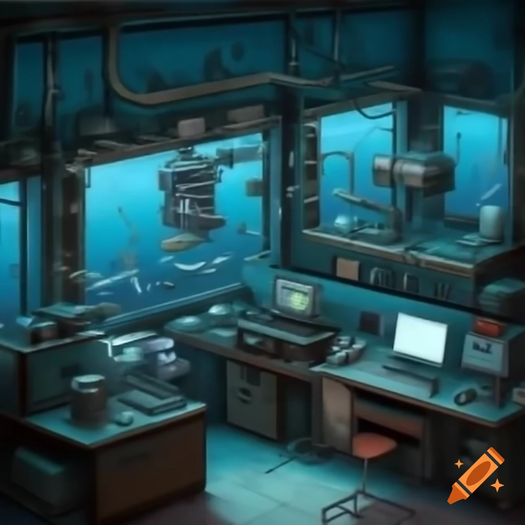 High-tech underwater lab with digital displays and malfunctioning ...