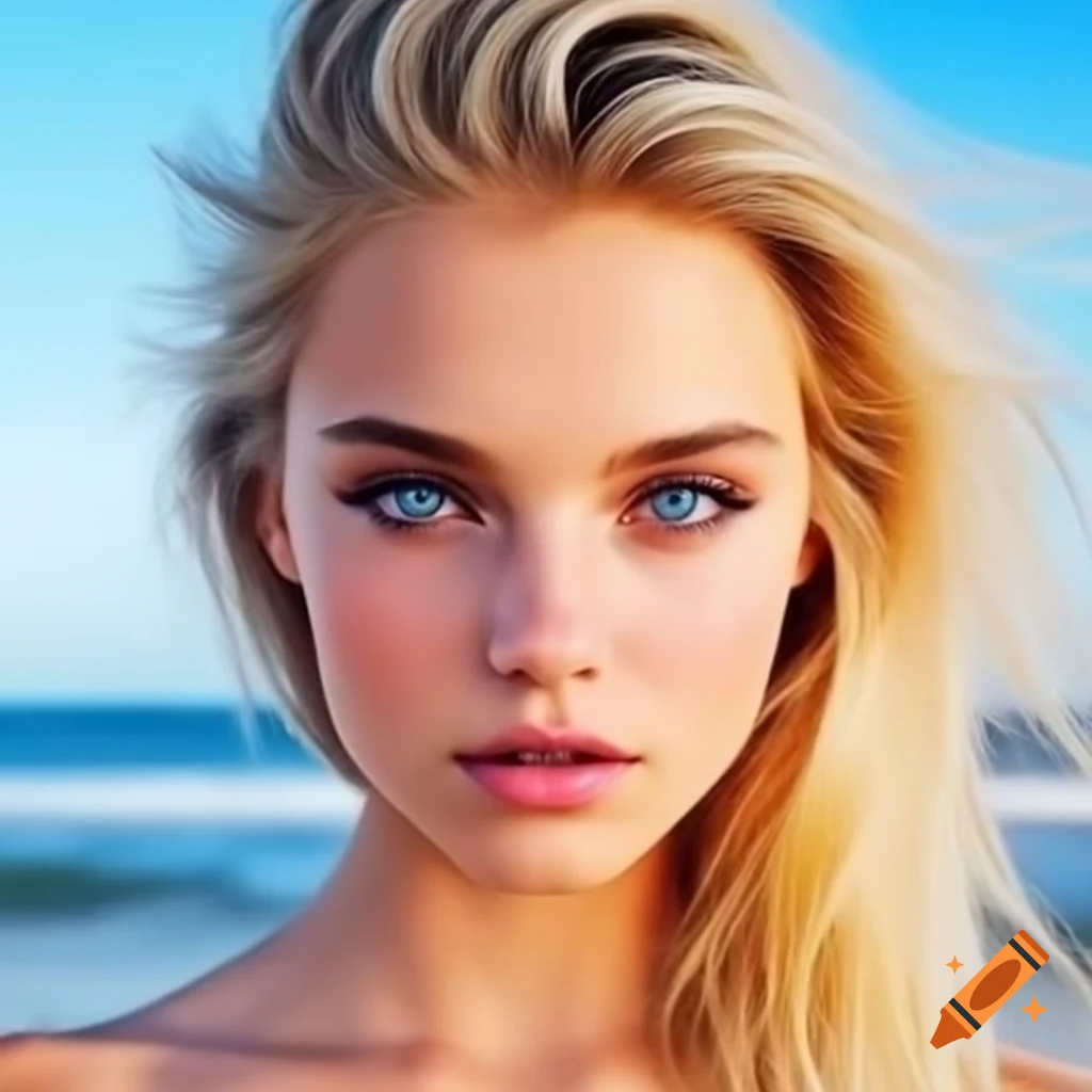 Young blonde woman with blue eyes on beach on Craiyon