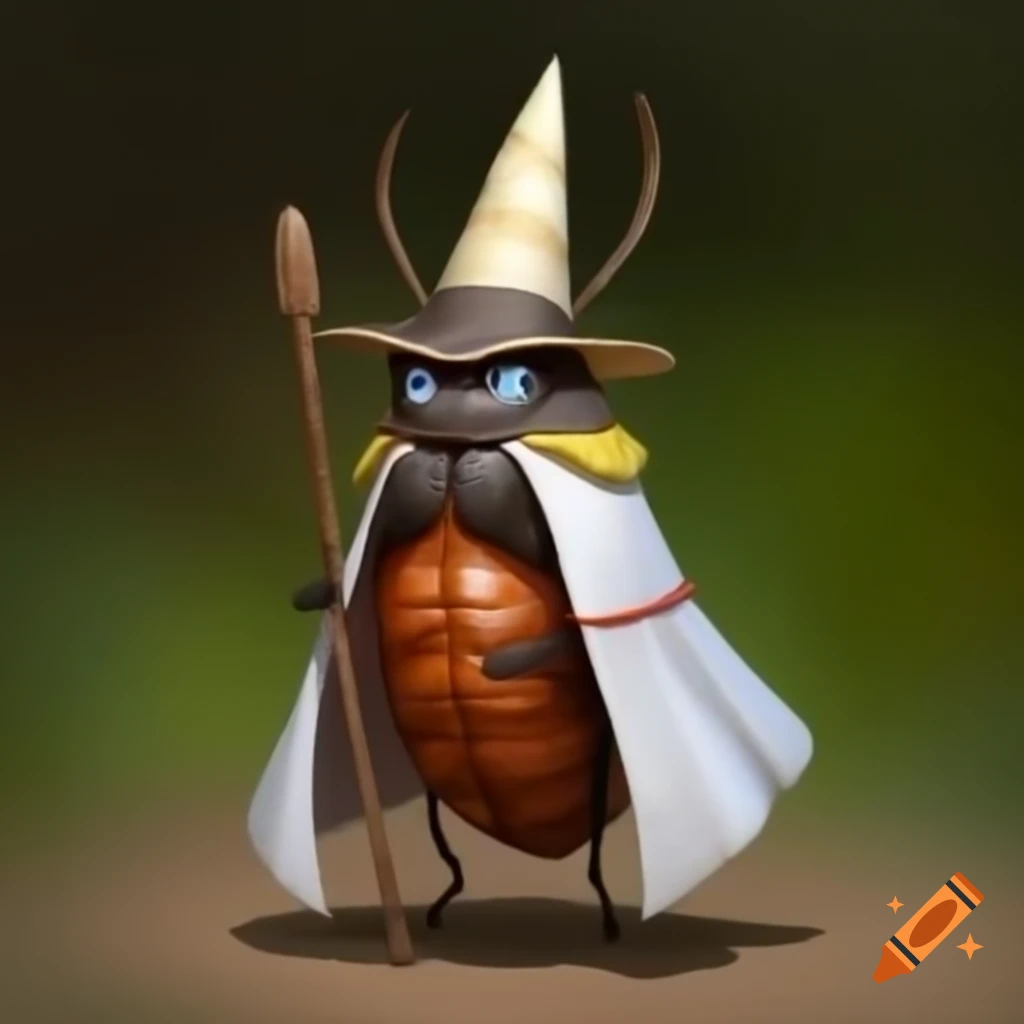 Roach bug in white cape and pointy hat holding a staff on Craiyon