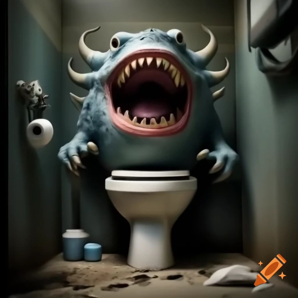Monsters emerging from toilet bowl in a dirty gas station restroom on ...