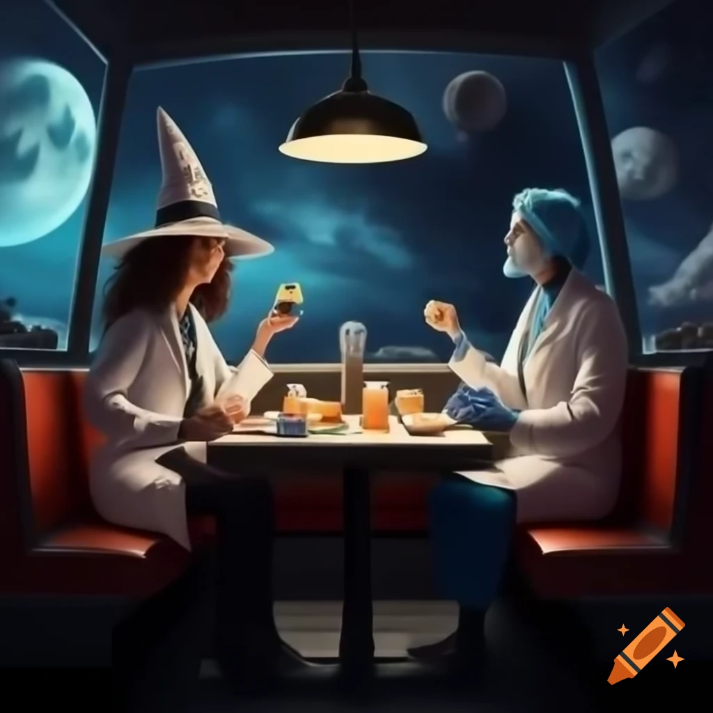 Witch doctors enjoying breakfast at a space diner on the moon on Craiyon