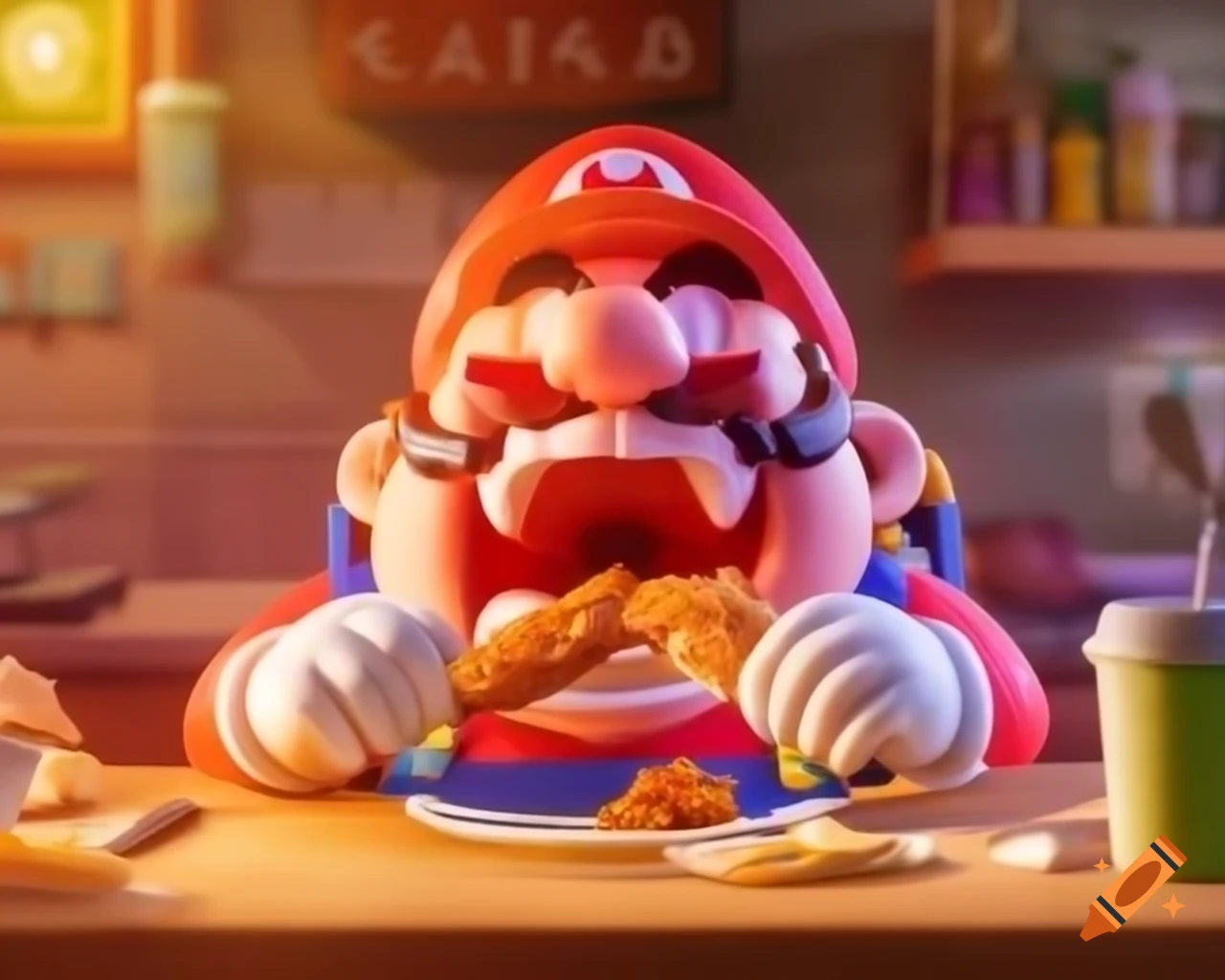 Mario Bros character enjoying fried fish on Craiyon
