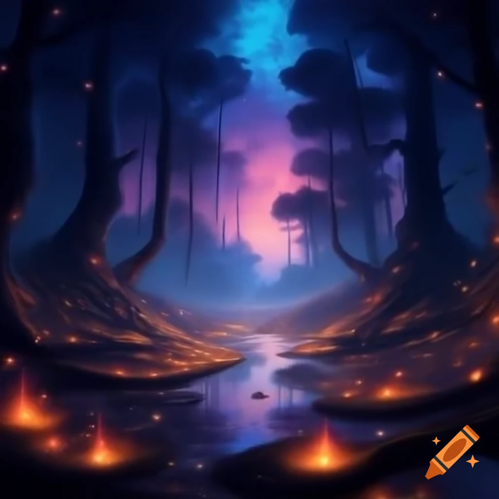 Enchanted bluish forest in evening with glowing fireflies on Craiyon