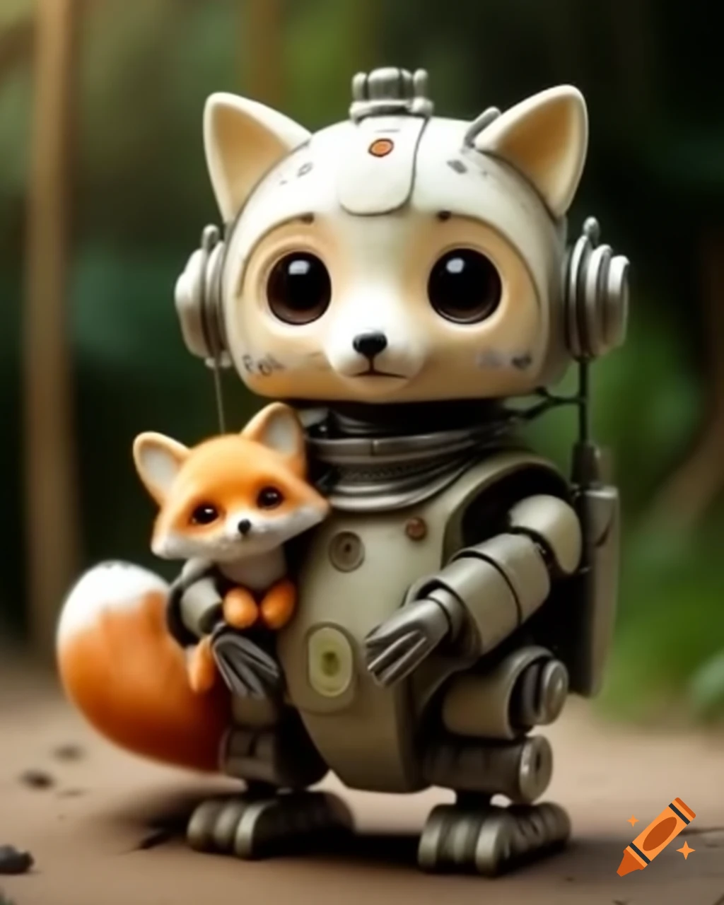 Strong robot holding cute kawaii fox on Craiyon