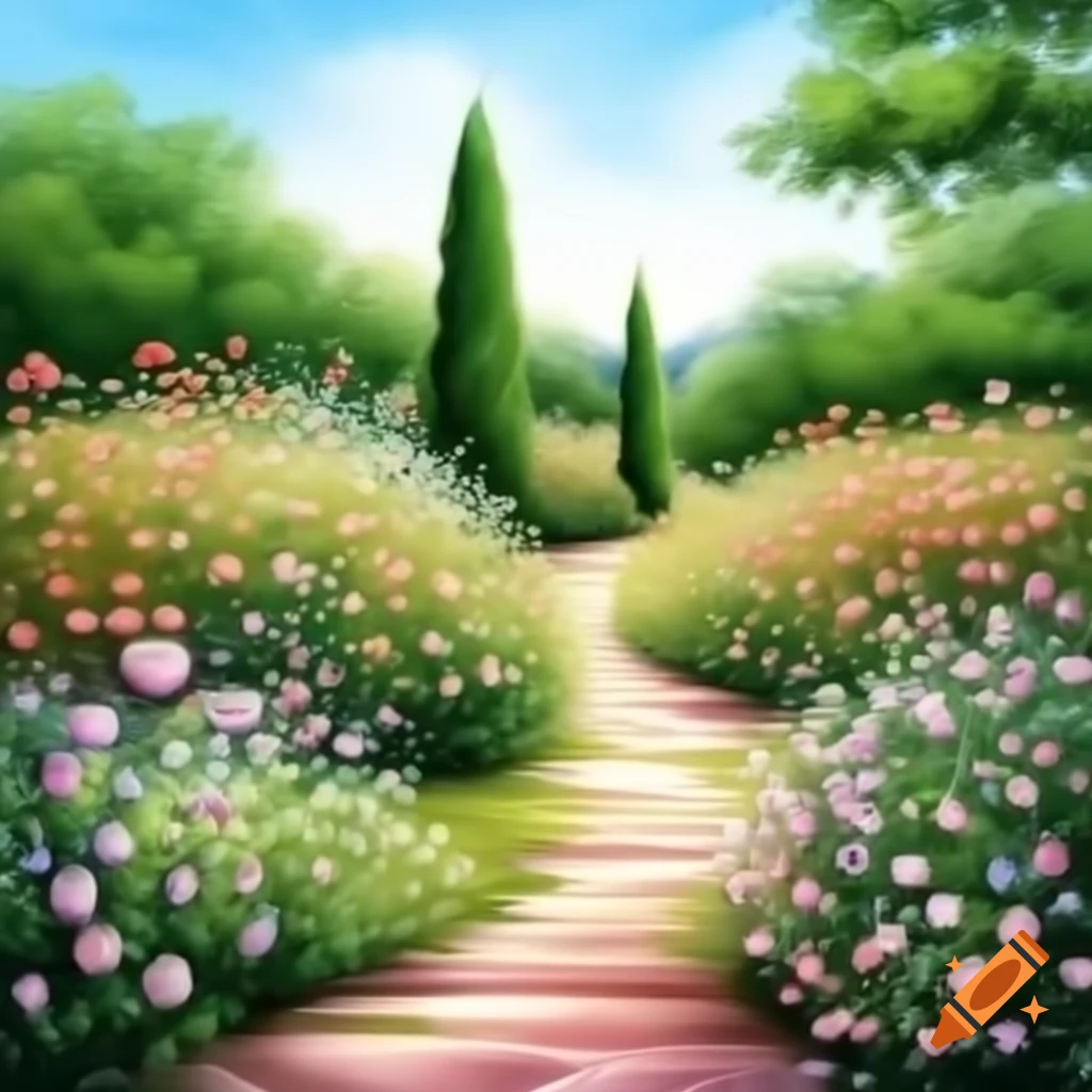 Straight path leading to a beautiful garden on Craiyon