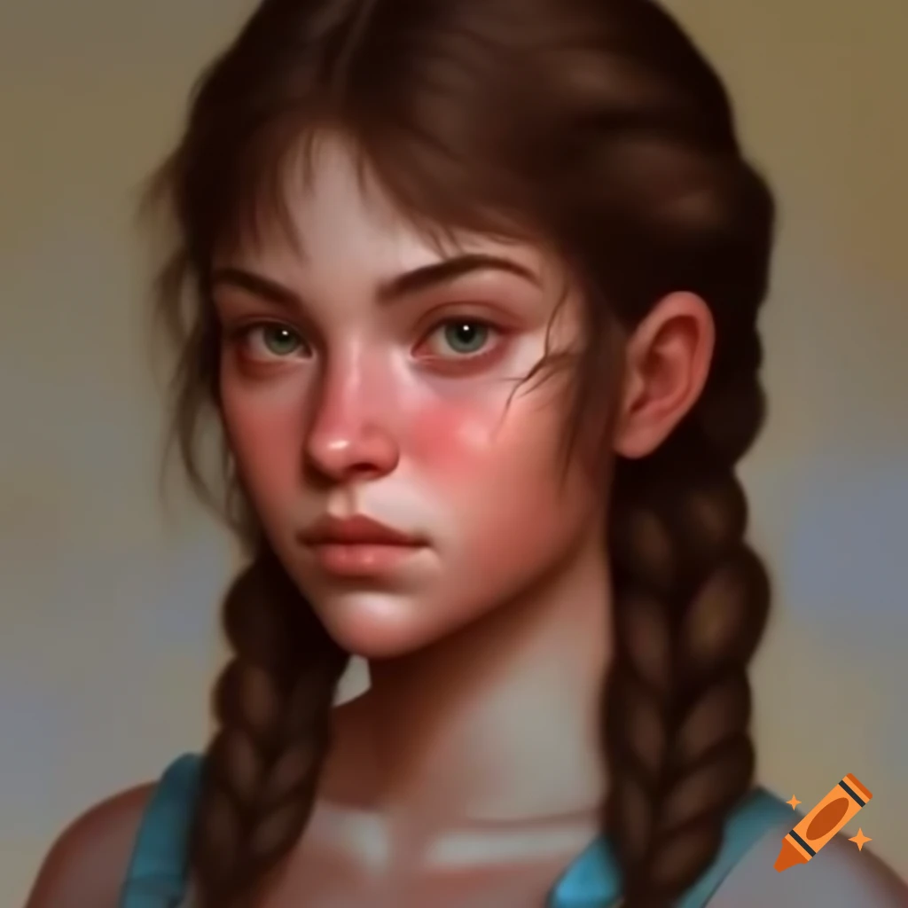 Portrait of woman with freckles and braided updo wearing greenish blue ...