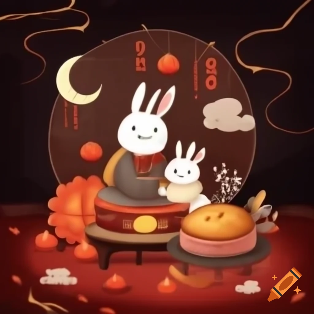 Moon, rabbit, and mooncake with Chinese theme for Happy Mid-Autumn ...