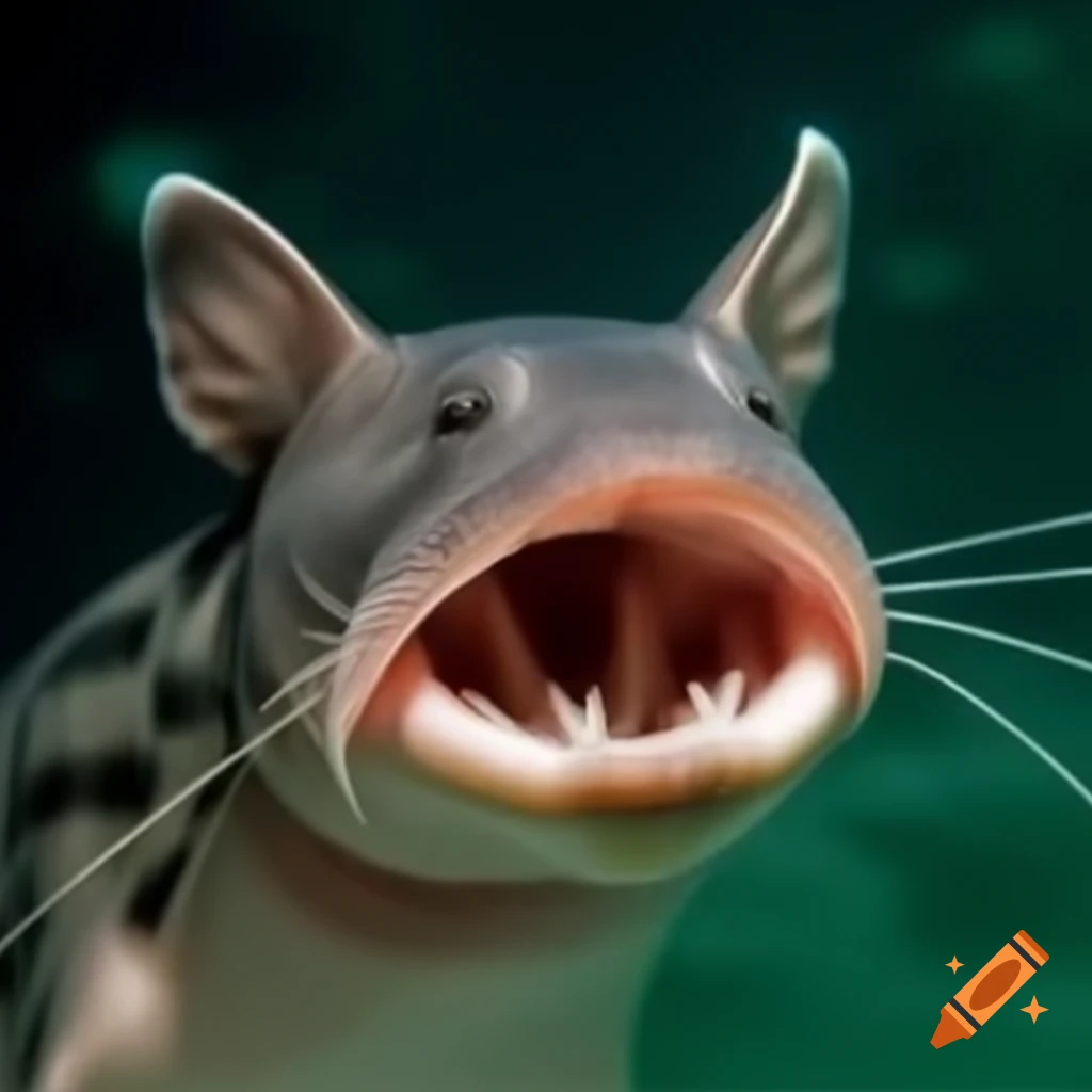 Hybrid creature of cat body with catfish head, surreal art on Craiyon