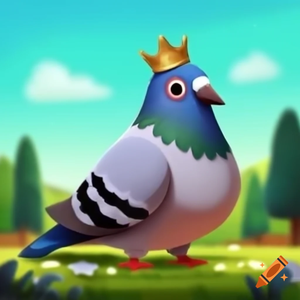Cartoon pigeon with king chess piece crown in vibrant colors on sunny ...