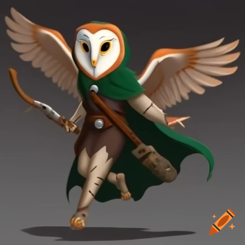 Barn owl owlin character in dark green cape with long bow and black ...