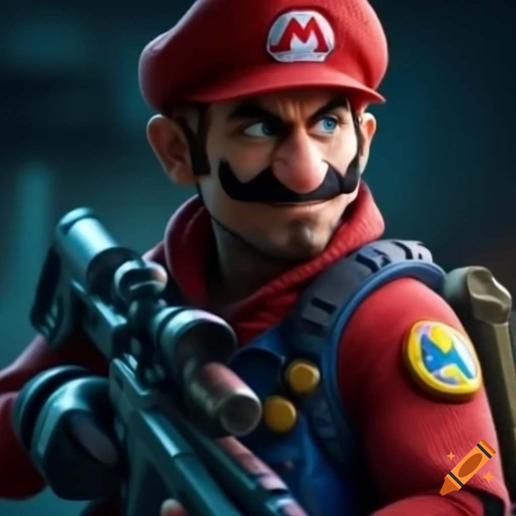 Mario styled as Rainbow Six Siege operator holding sniper rifle on Craiyon