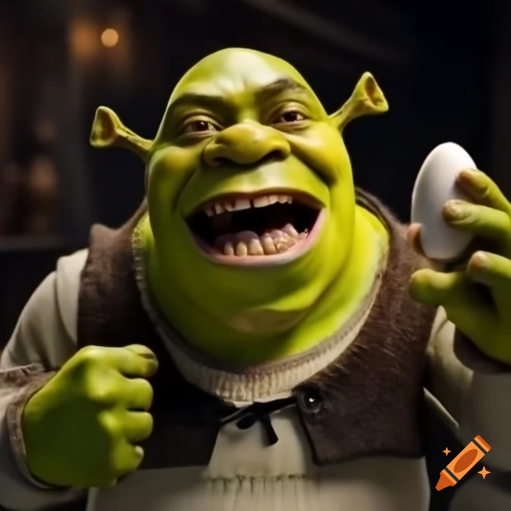 Shrek showing teeth at egg delivery man on Craiyon