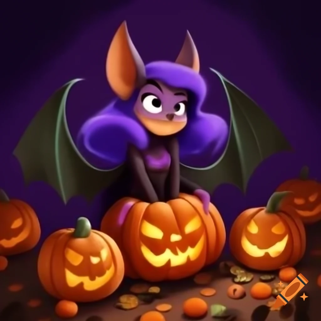 Female bat with colorful hair picking a pumpkin in a Halloween patch on ...