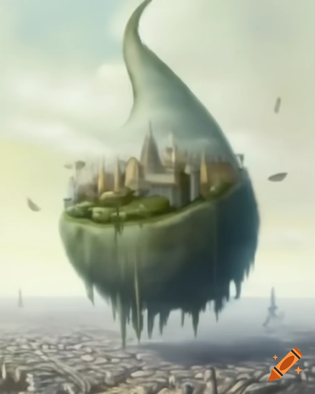 Upside down cityscape inside a distorted teardrop with delicate pencil ...