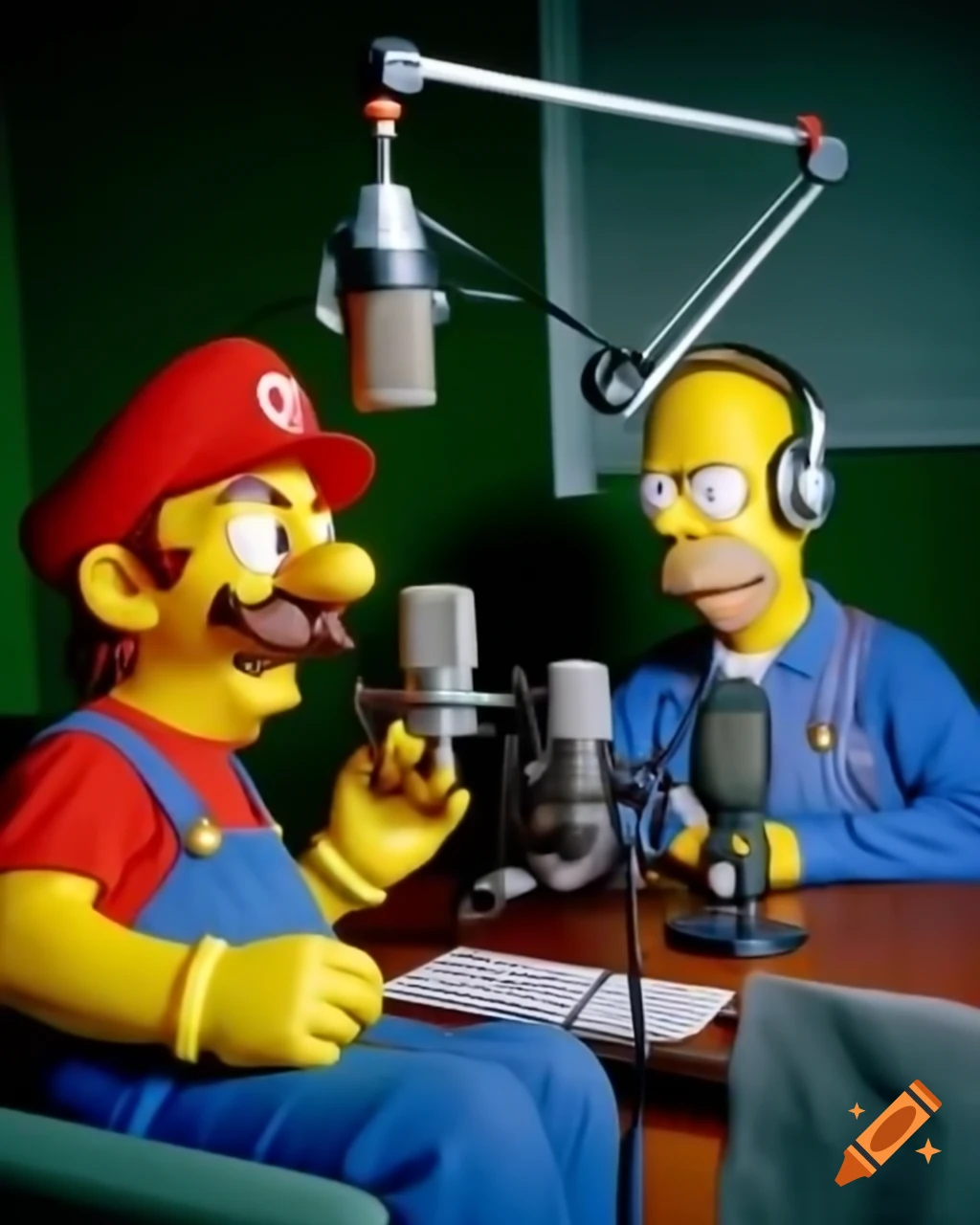 Mario bros and homer simpson hosting a podcast on Craiyon