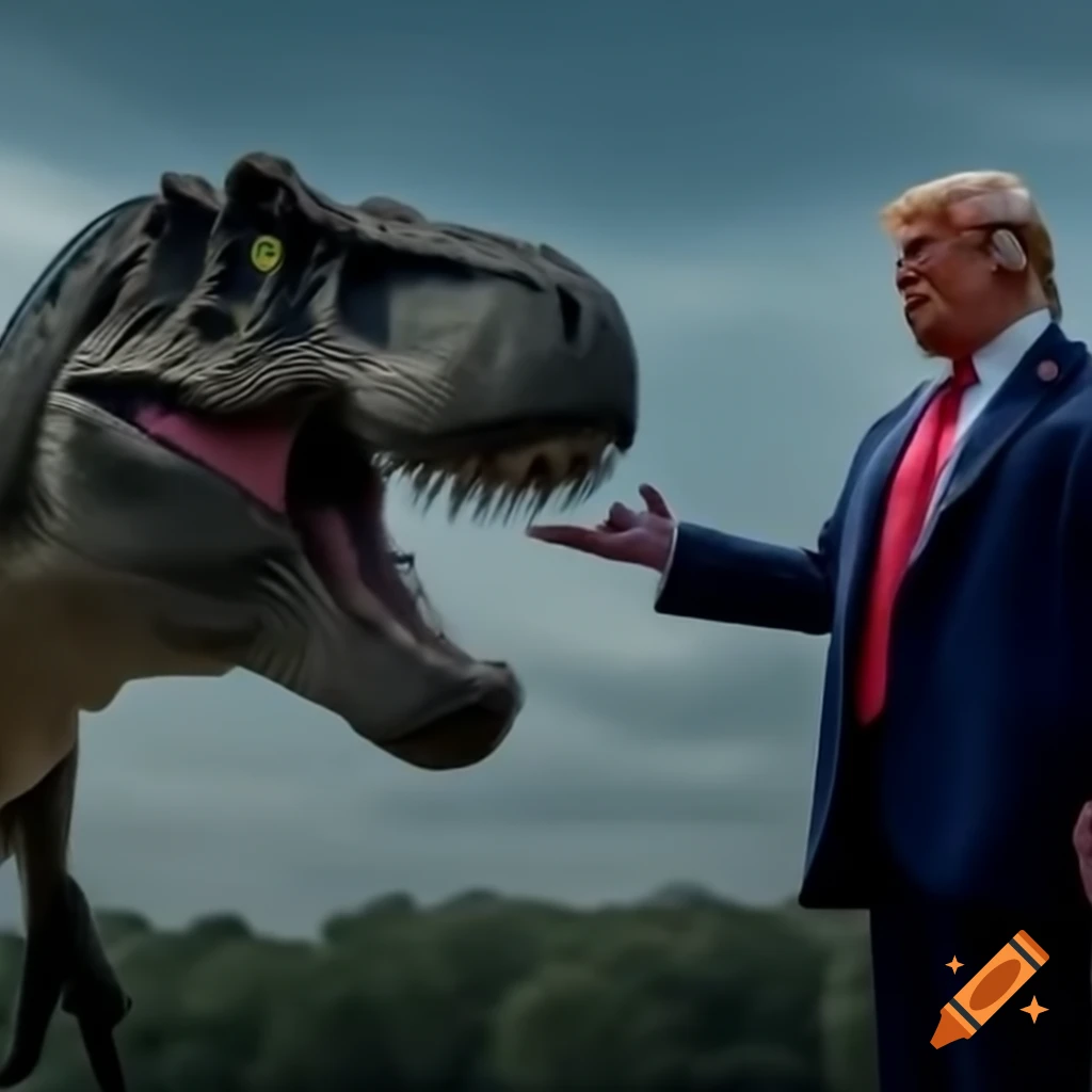 Donald trump in a fictional battle with a t-rex on Craiyon
