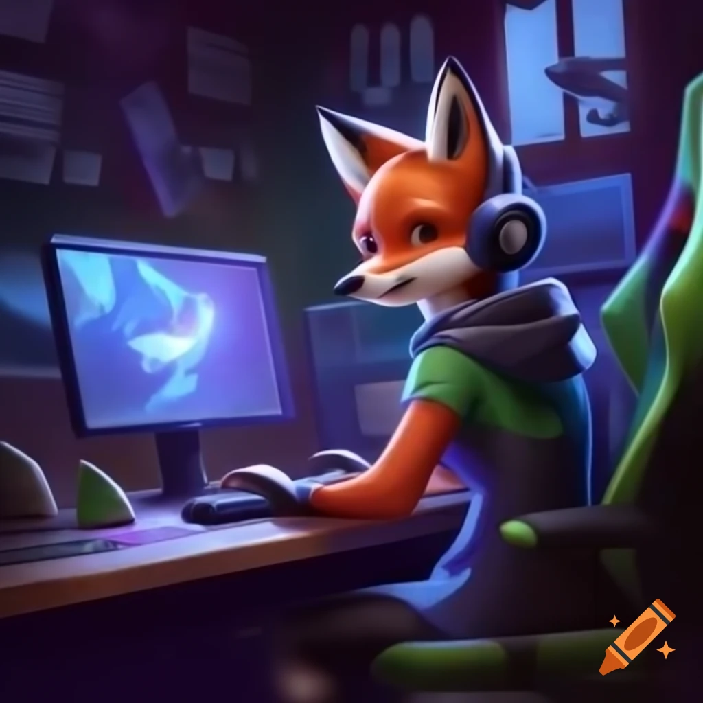 Fantasy art of a fox character playing on a computer on Craiyon