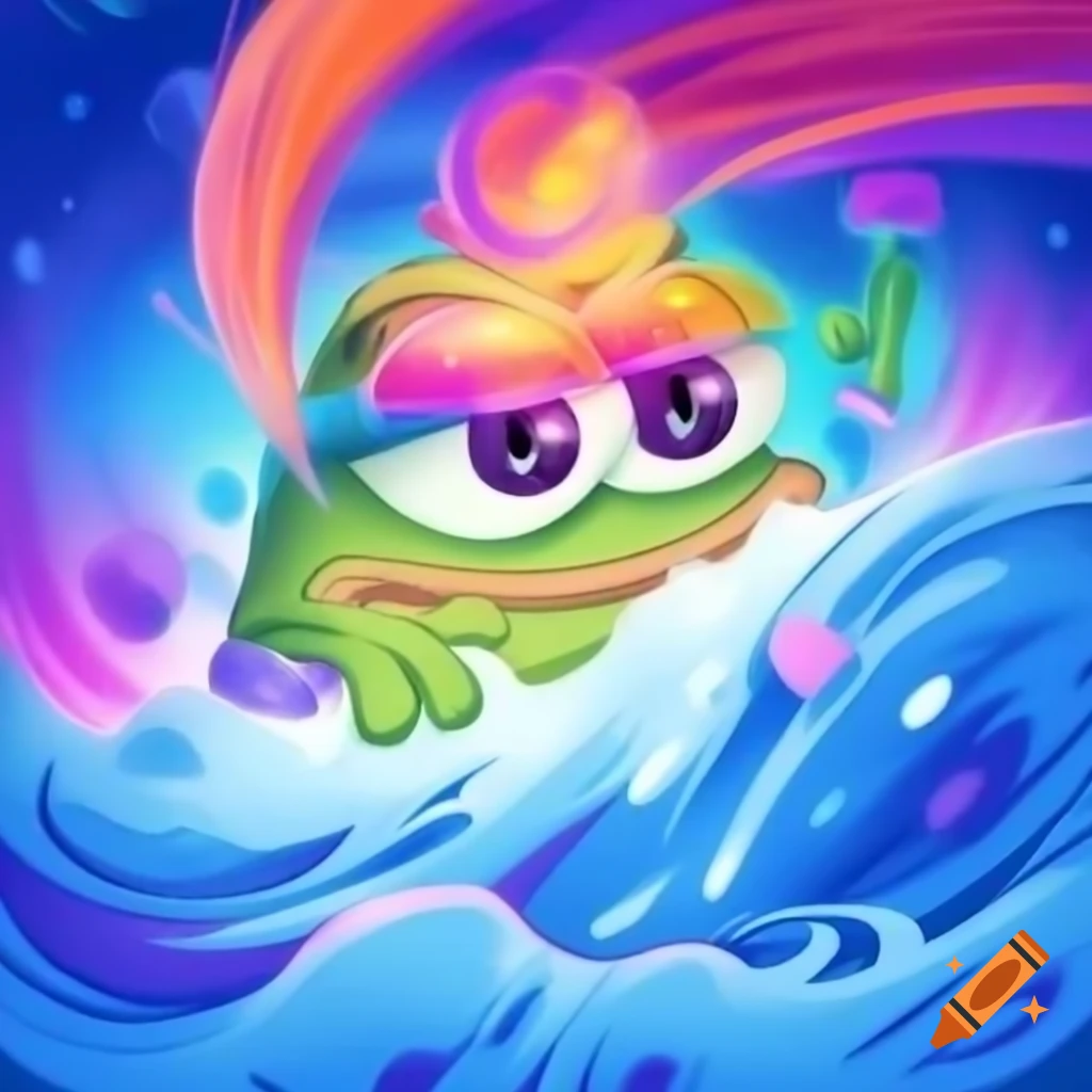 Pepe character winking under rainbow swirls and candy-colored sky on ...