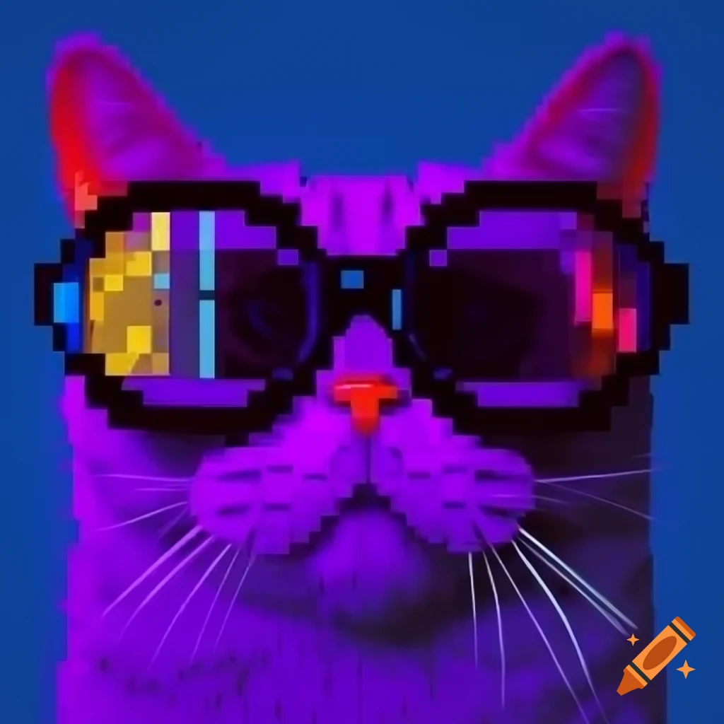 Pixel art cat wearing dark glasses with vivid violet colors on Craiyon